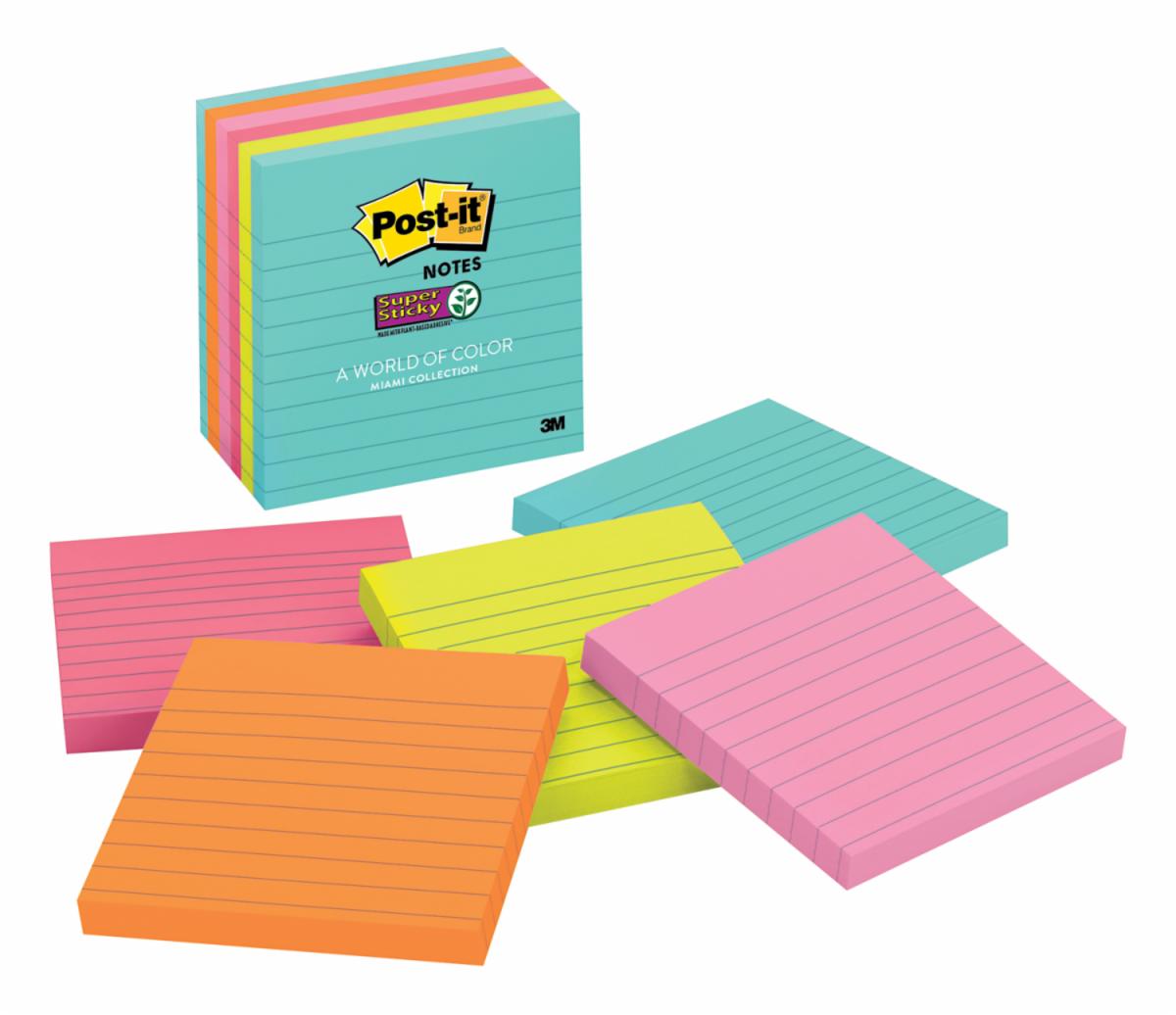 Post-it® Super Sticky Notes, 101 x 101 mm, Miami Collection, Lined, 6 ...