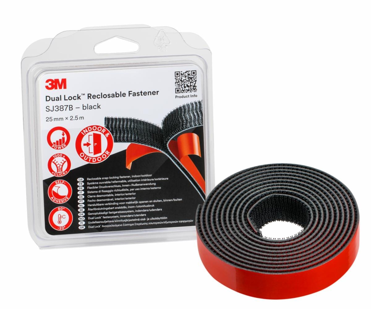 3M™ Dual Lock™ Reclosable Fastener SJ387B, Black, 25 mm x 2.5 m, 6.1 mm ...