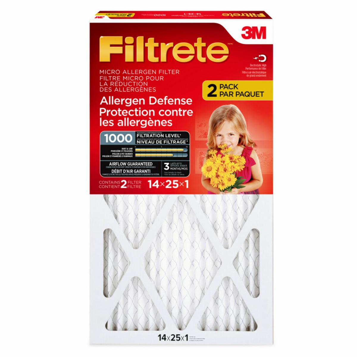 Filtrete™ Allergen Defense Micro Allergen Filter, MPR 1000, 14 in x 25 in x 1 in, 2 per pack ...