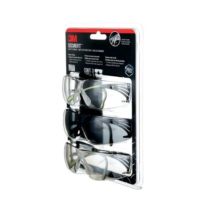 3M™SecureFit™ 400 Series Safety Eyewear SF400-W-3PK-PS, Black Frame, Green Accent, Clear/Grey ...