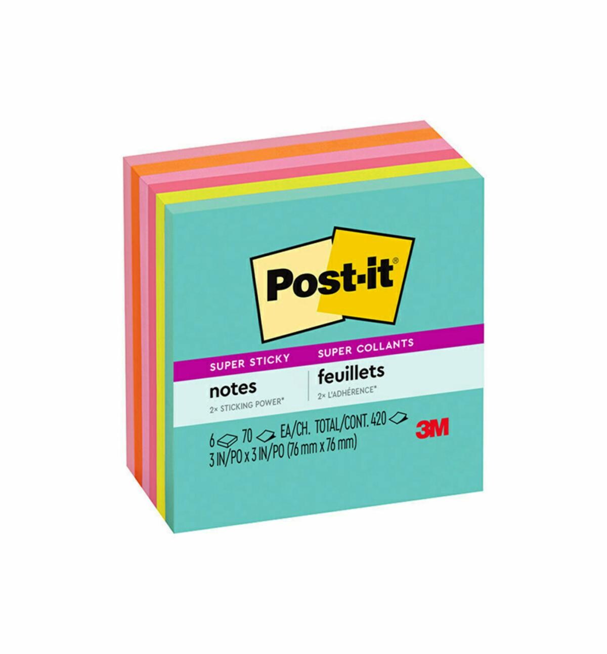 Feuillets super collants Post-it® 654-6SSMIA70, Éclat de lumière, 76 mm x 76 mm (3 po x 3 po), 6 ...