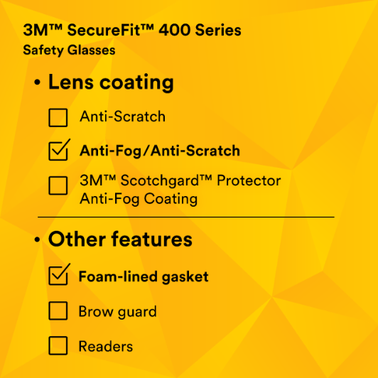 3M™ SecureFit™ Safety Glasses SF401AF-FM, Foam, Clear Anti-fog Lens ...