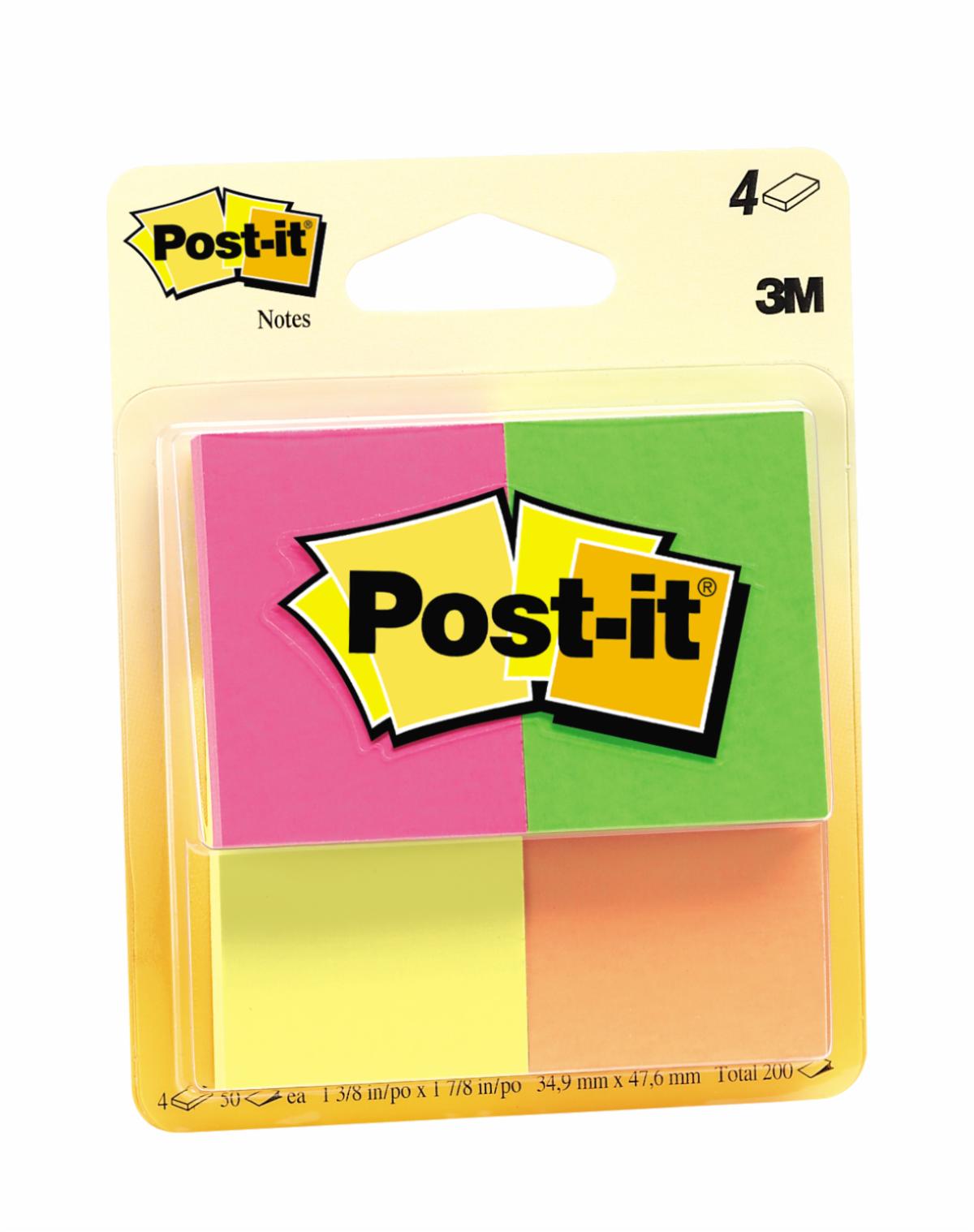 Post-it® Notes 653-4AF, 1-3/8 in x 1-7/8 in (34,9 mm x 47,6 mm) Neon ...