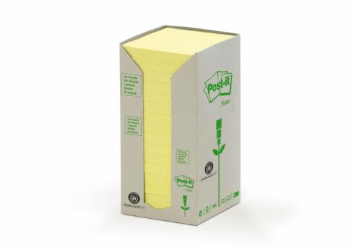 Post-it® Recycled Notes, Yellow, 76 x 76 mm, 100 Sheets/Pad, 654-1T